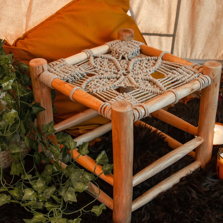 Macrame Wooden Stool - Boutique Camping tent seating