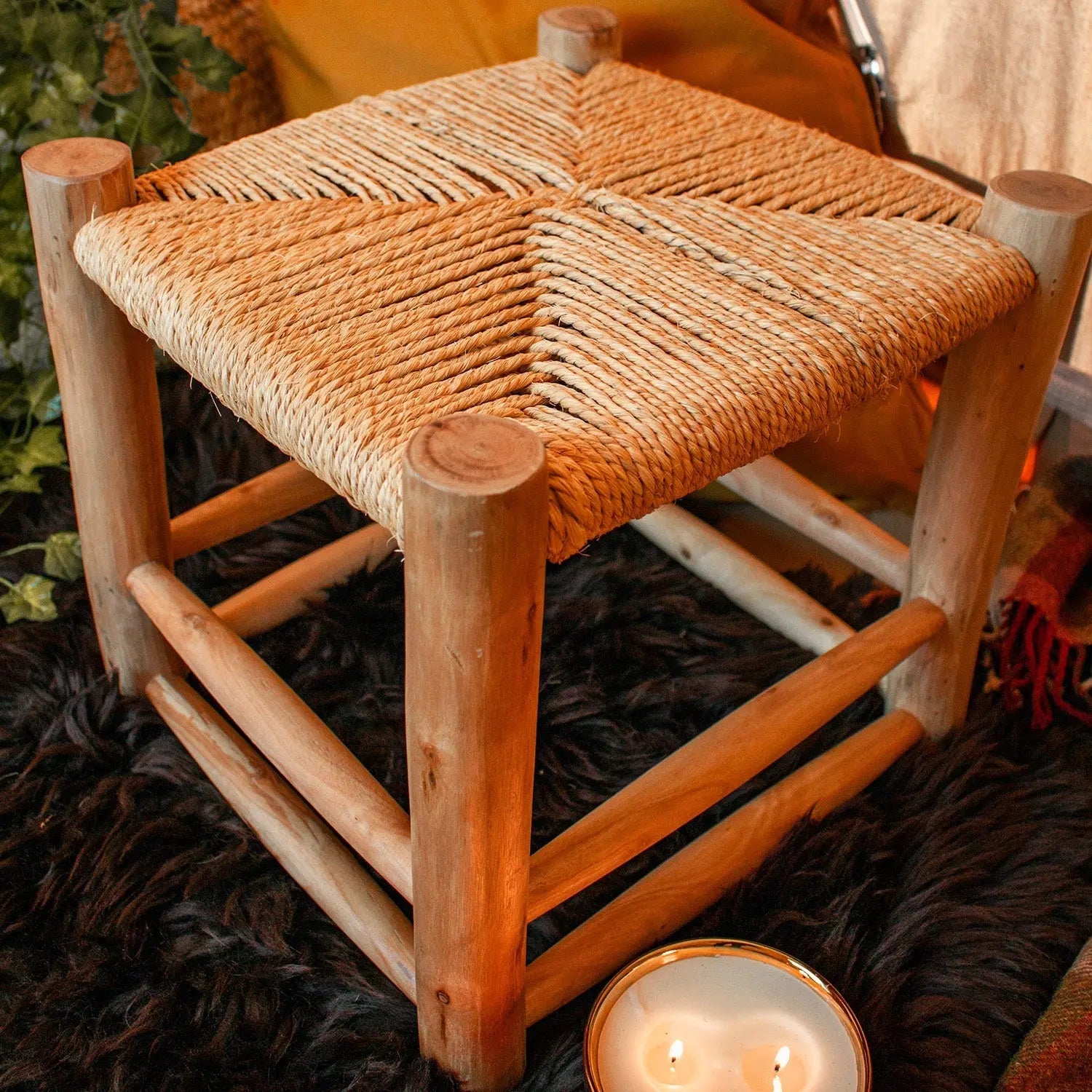 Natural Wooden Weaved Stool – Boutique Camping